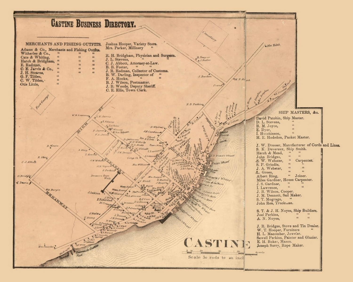 Castine Village 1860 Old Town Map with Homeowner Names Maine - Reprint ...