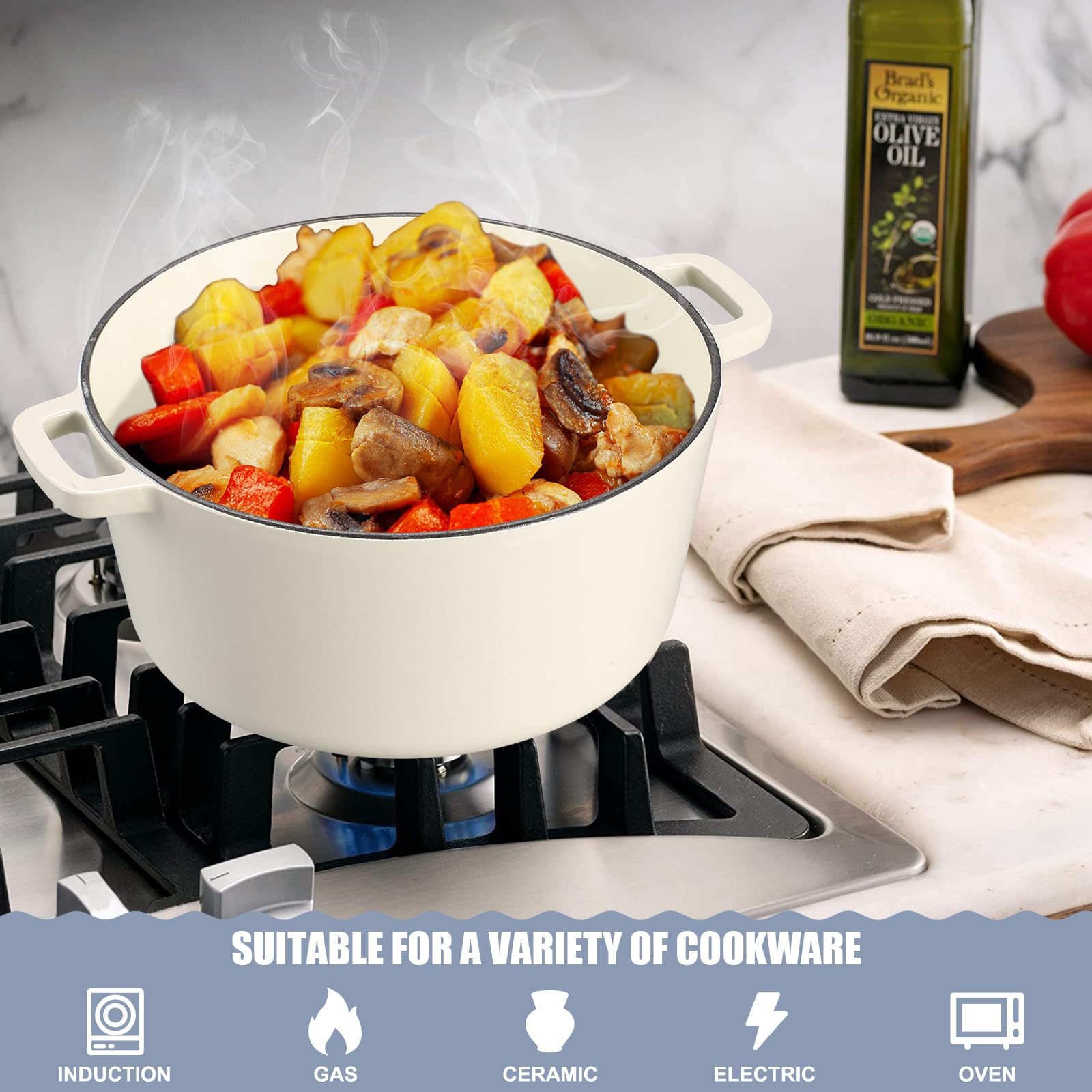 5.5 Quart Enameled Cast Iron Dutch Oven, 2-In-1 Enamel Oven with ...