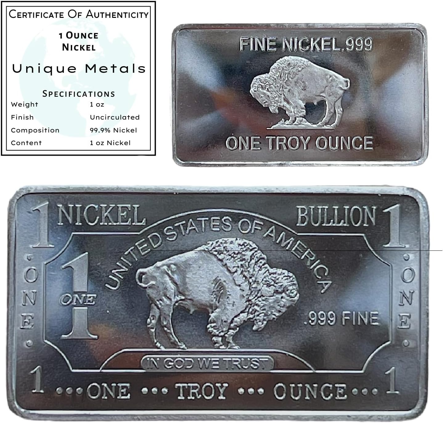 1 Troy Ounce (Oz) Nickel Bar Bullion Paperweight Metal with Certificate ...