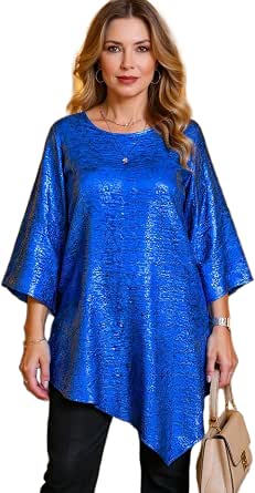 Amazon.com: Metallic Tops for Women Plus Size 3/4 Sleeve Sparkly Party ...