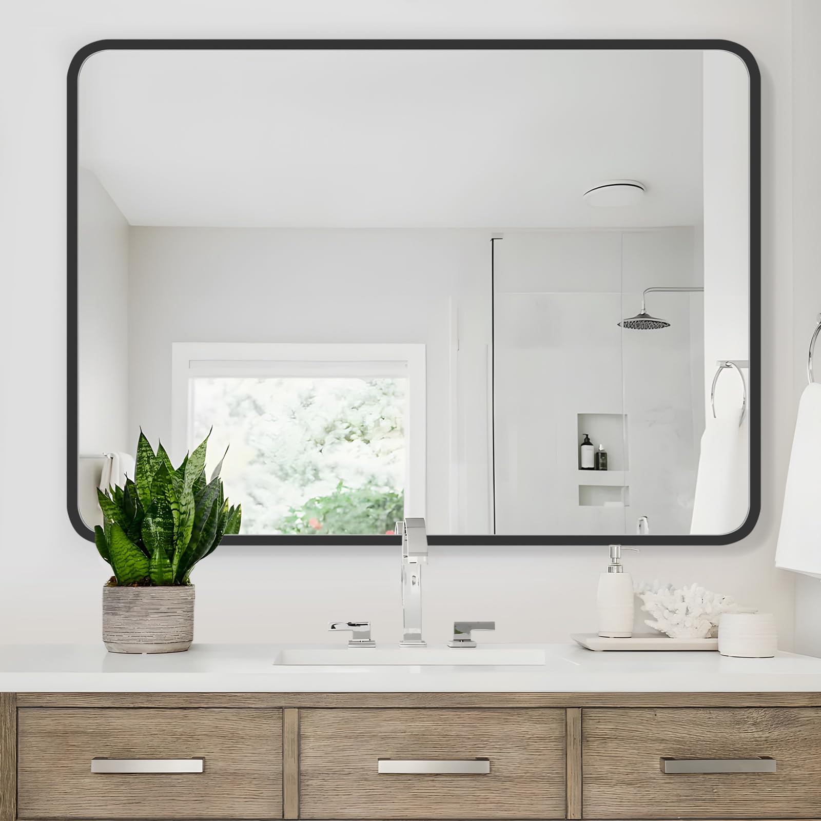 Amazon.com: FUWU HOME Wood Bathroom Mirror for Wall 30" x 40" Black ...