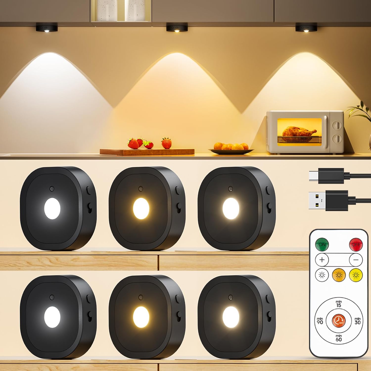 Rechargeable Puck Lights with Remote, 3 Colors Under Cabinet Lighting ...