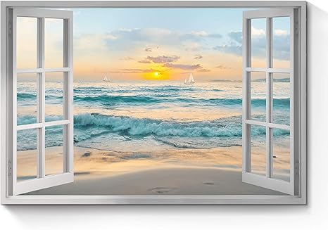 Amazon.com: Open Window Ocean Wall Art: Sunset Coastal Beach Scene ...