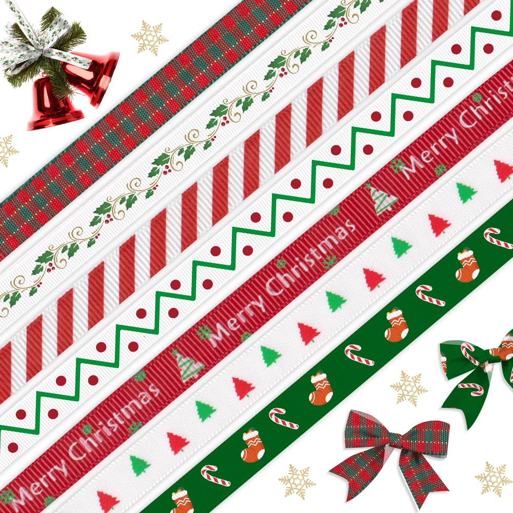 Amazon.com: 7PCS Christmas Grosgrain Ribbons 3/8" Merry Christmas Words ...