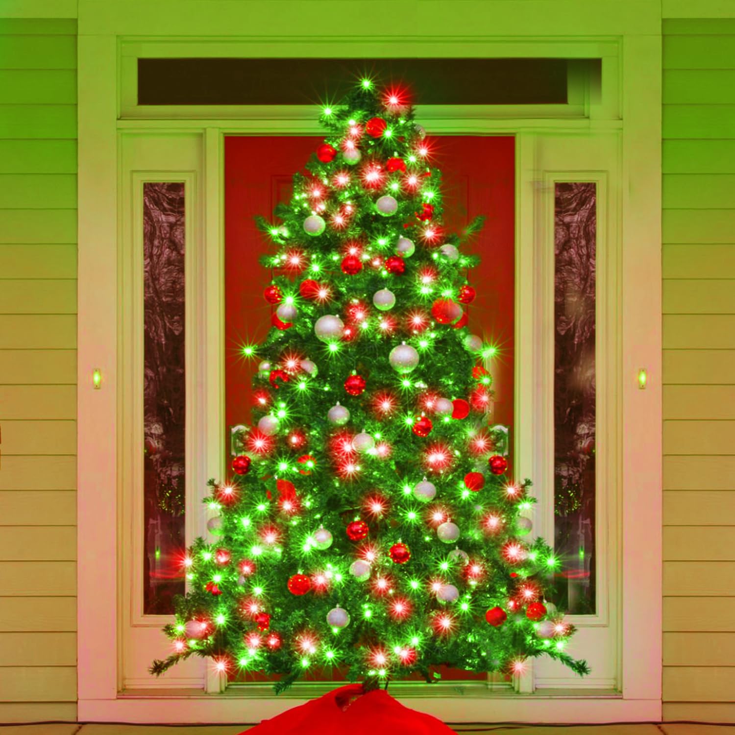Red And Green Christmas Trees Outside
