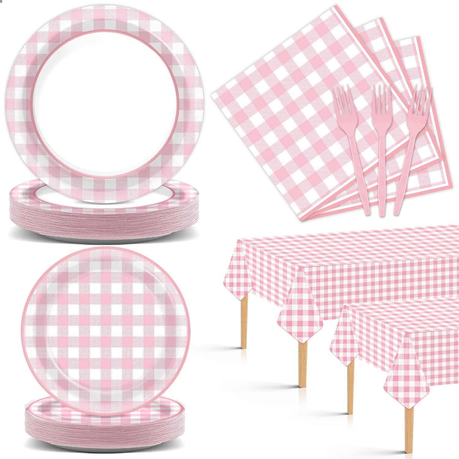 Amazon.com: 98 Pieces Pink Gingham Party Supplies for 24 Guests Pink ...