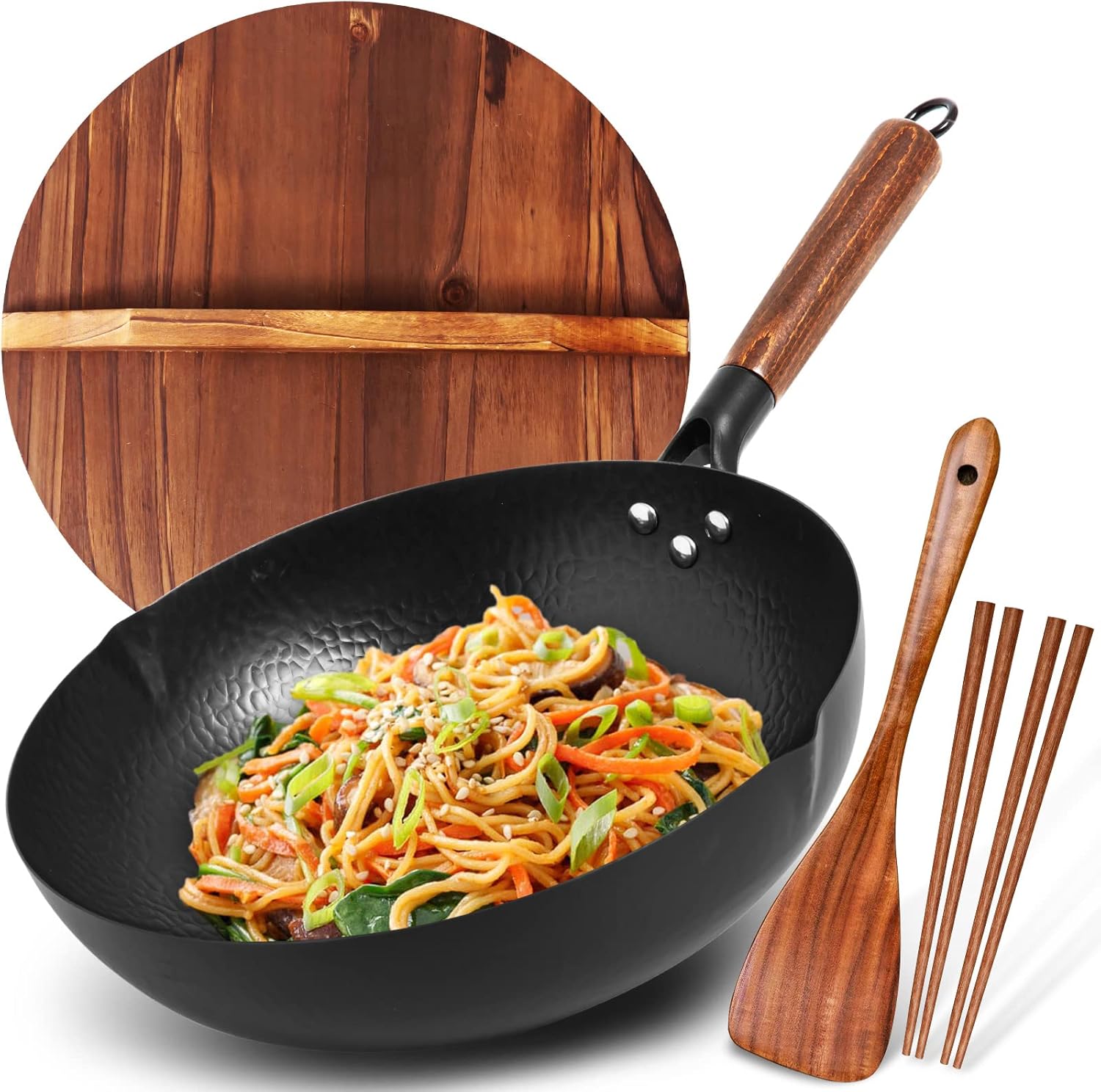 Amazon.com: BrBrGo Carbon Steel Wok Pan, 5 Piece Authentic Chinese Wok ...