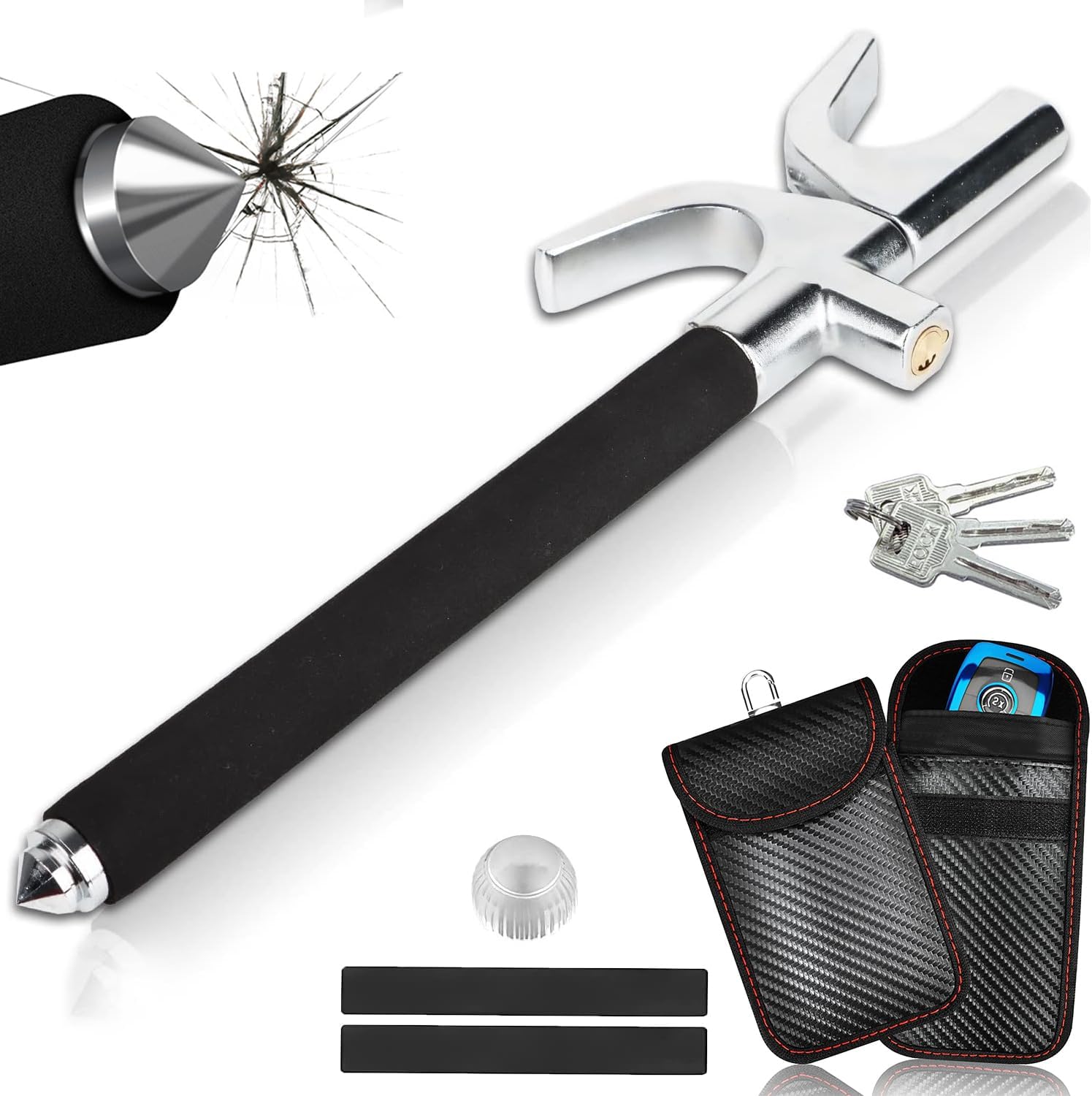 BURNTOP Steering Wheel Lock Heavy Duty with 3 Laser Keys + RFID Car Key ...