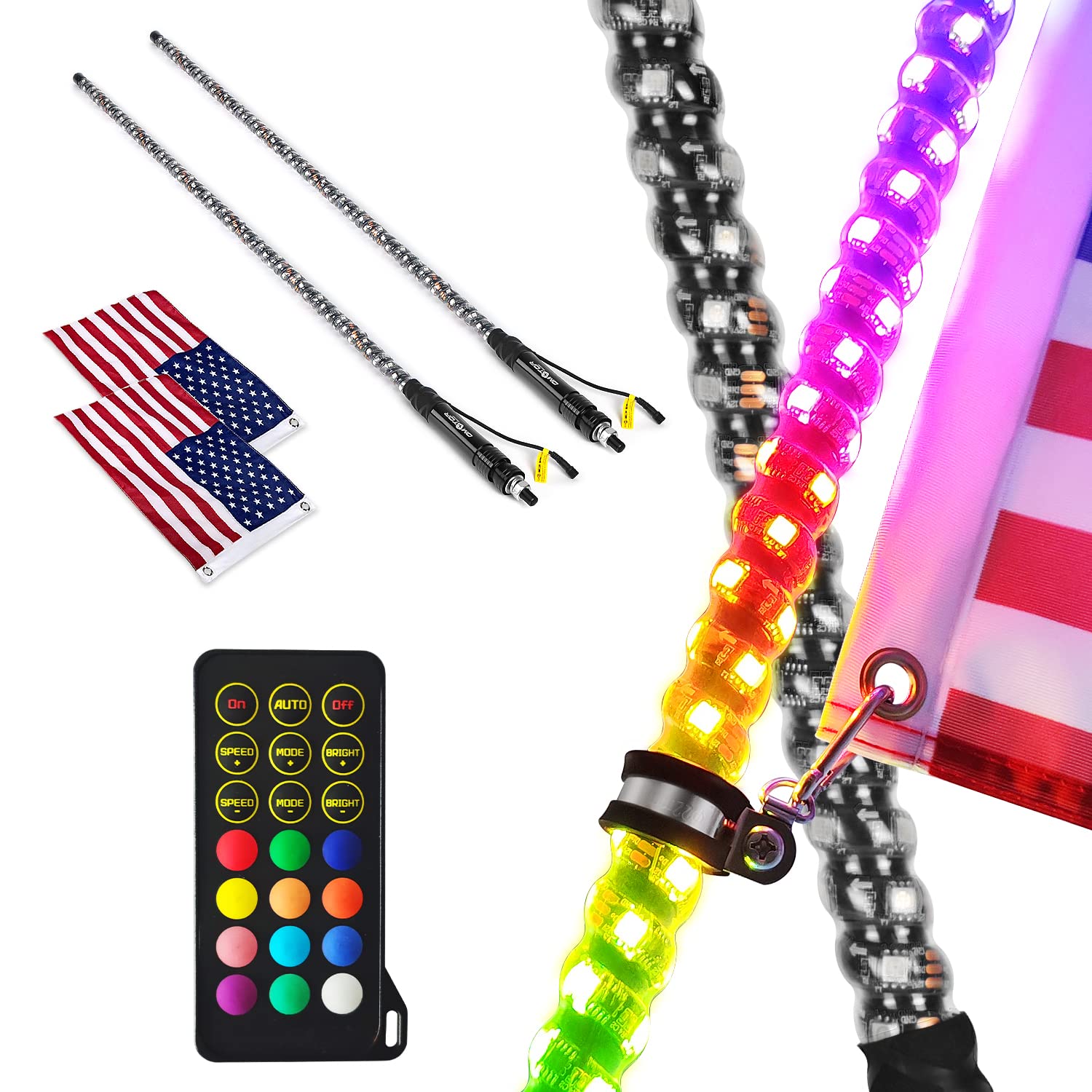 Omotor 2pcs 3ft LED Whip Light with Remote Control Spiral RGB Chase ...