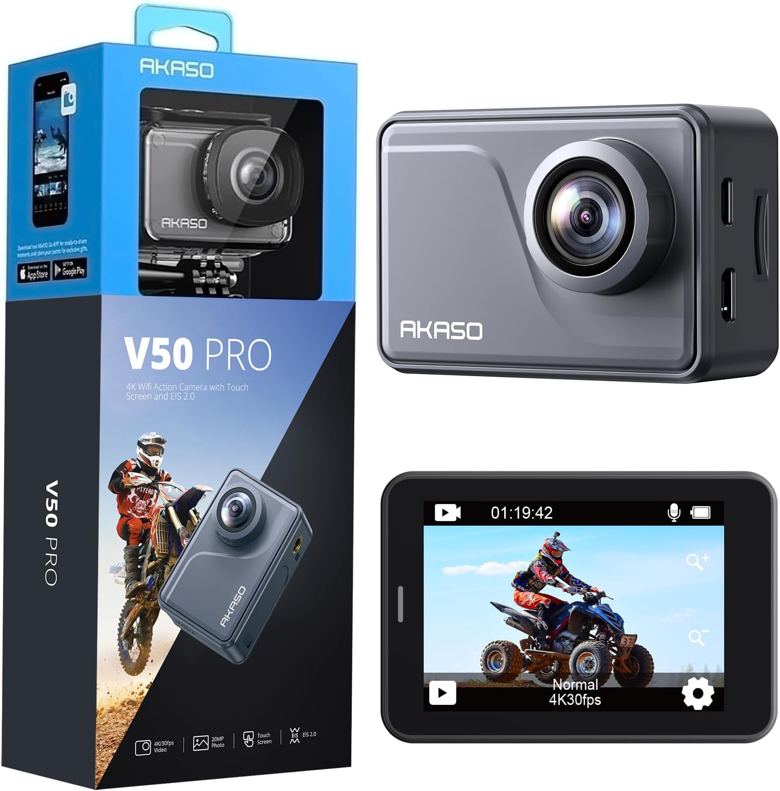 AKASO V50 Pro Native 4K 30fps 20MP WiFi Action Camera with EIS Touch ...