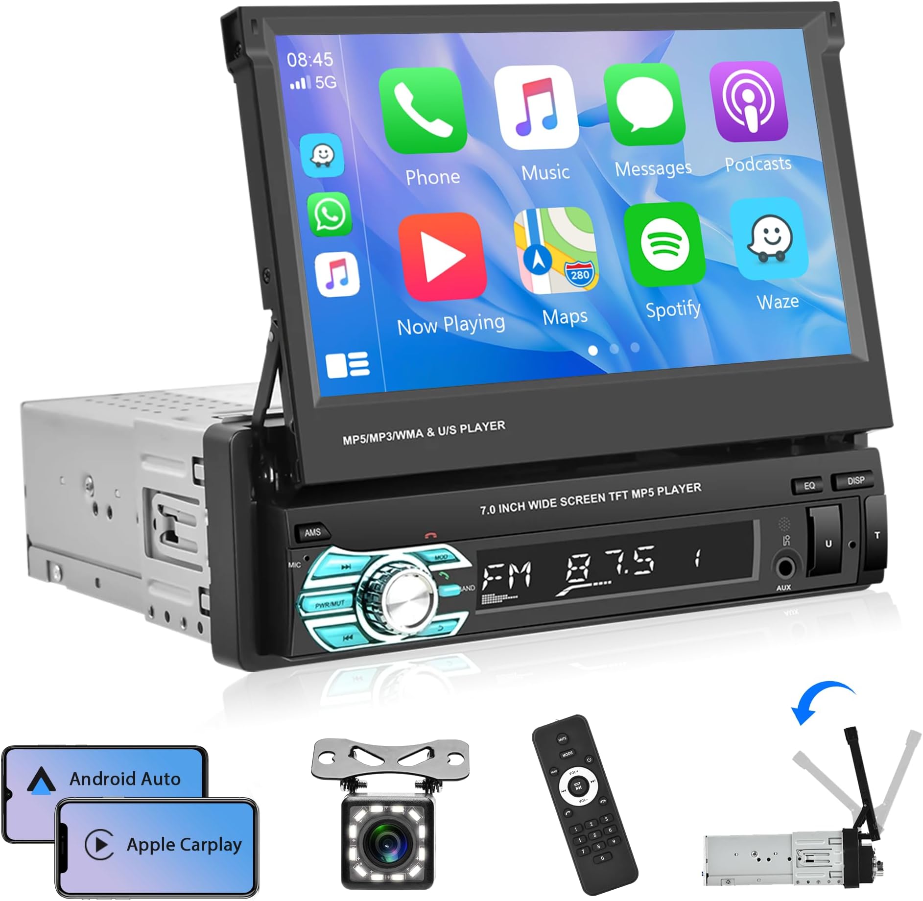 Single Din Apple Carplay Car Stereo, Rimoody 7 Inch Flip Out Touch Screen 1 Din Car Radio with ...