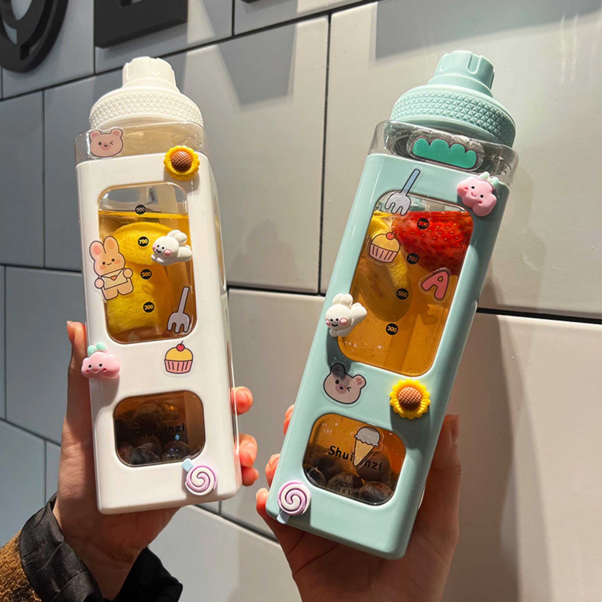 Amazon.com: TEAUSA Large Kawaii Water Bottle With Straw And 3d Stickers ...