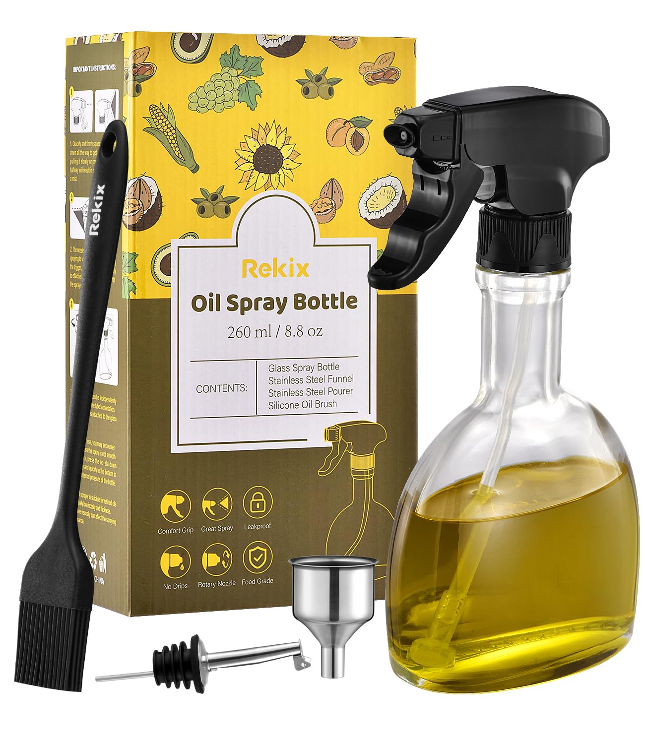 Amazon.com: Rekix Glass Oil Spray Bottle, 8.8oz Oil Sprayer for Cooking ...