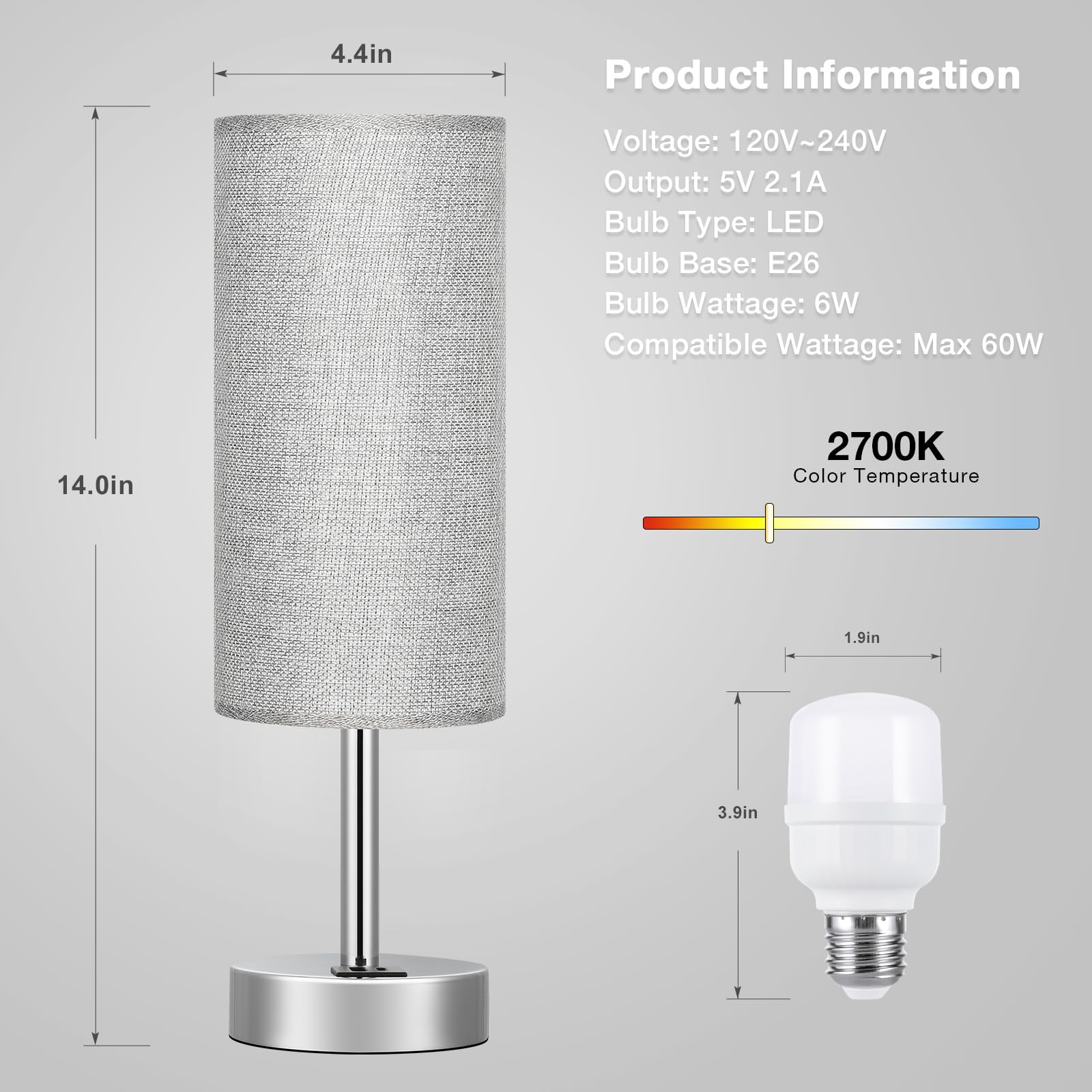 Snapklik.com : Grey Touch Nightstand Lamps For Girl - Small Bedside Lamp