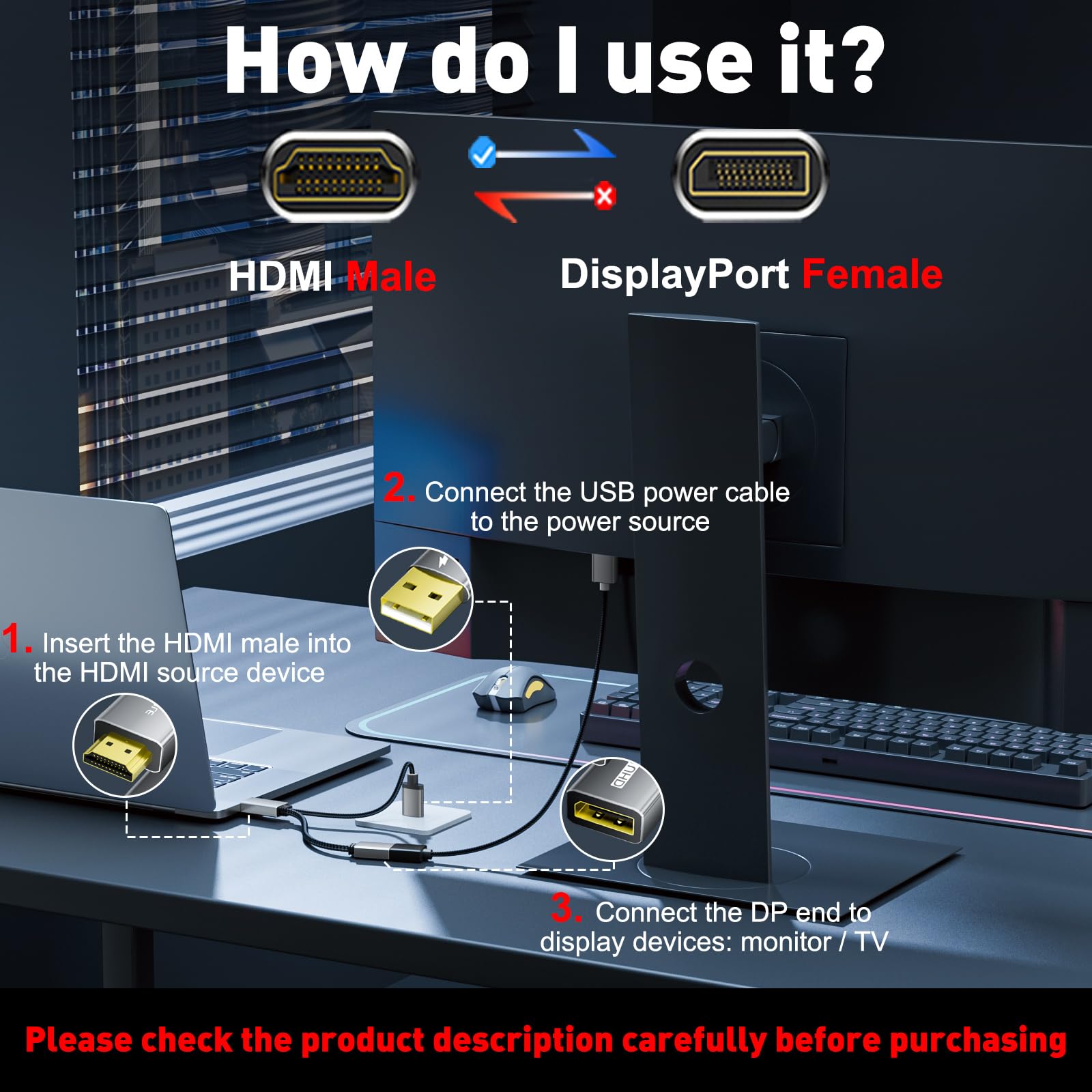 Coin Case Active HDMI To DisplayPort Cable 6FT - 4K 60Hz Adapter For PC ...