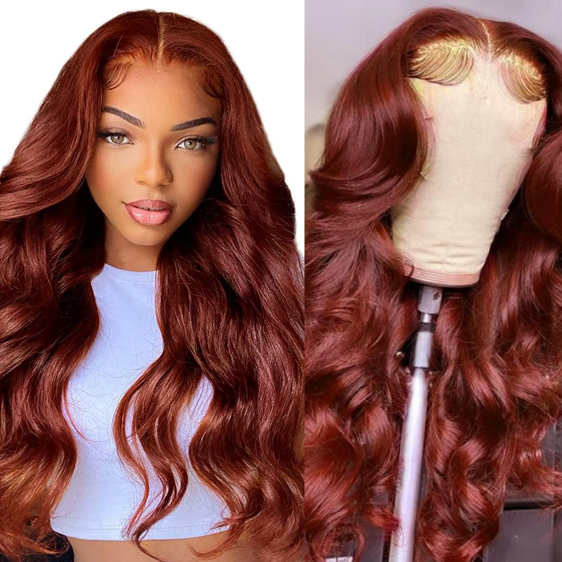 Amazon.com : Copper Red Lace Frontal Wigs Human Hair Glueless 180% Density Reddish Brown Lace ...