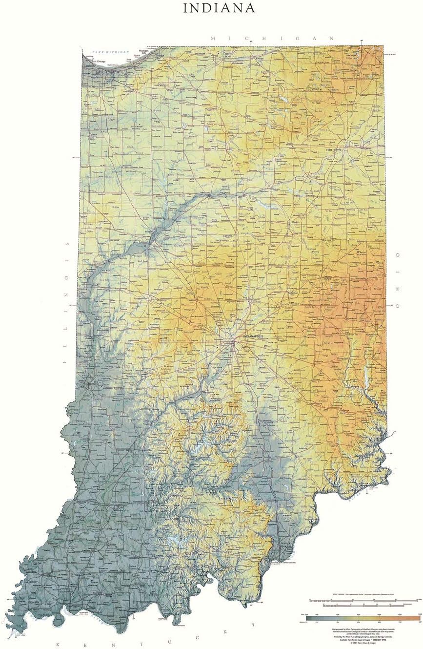 Amazon.com: Indiana Topographic Wall Map by Raven Maps, Laminated Print ...