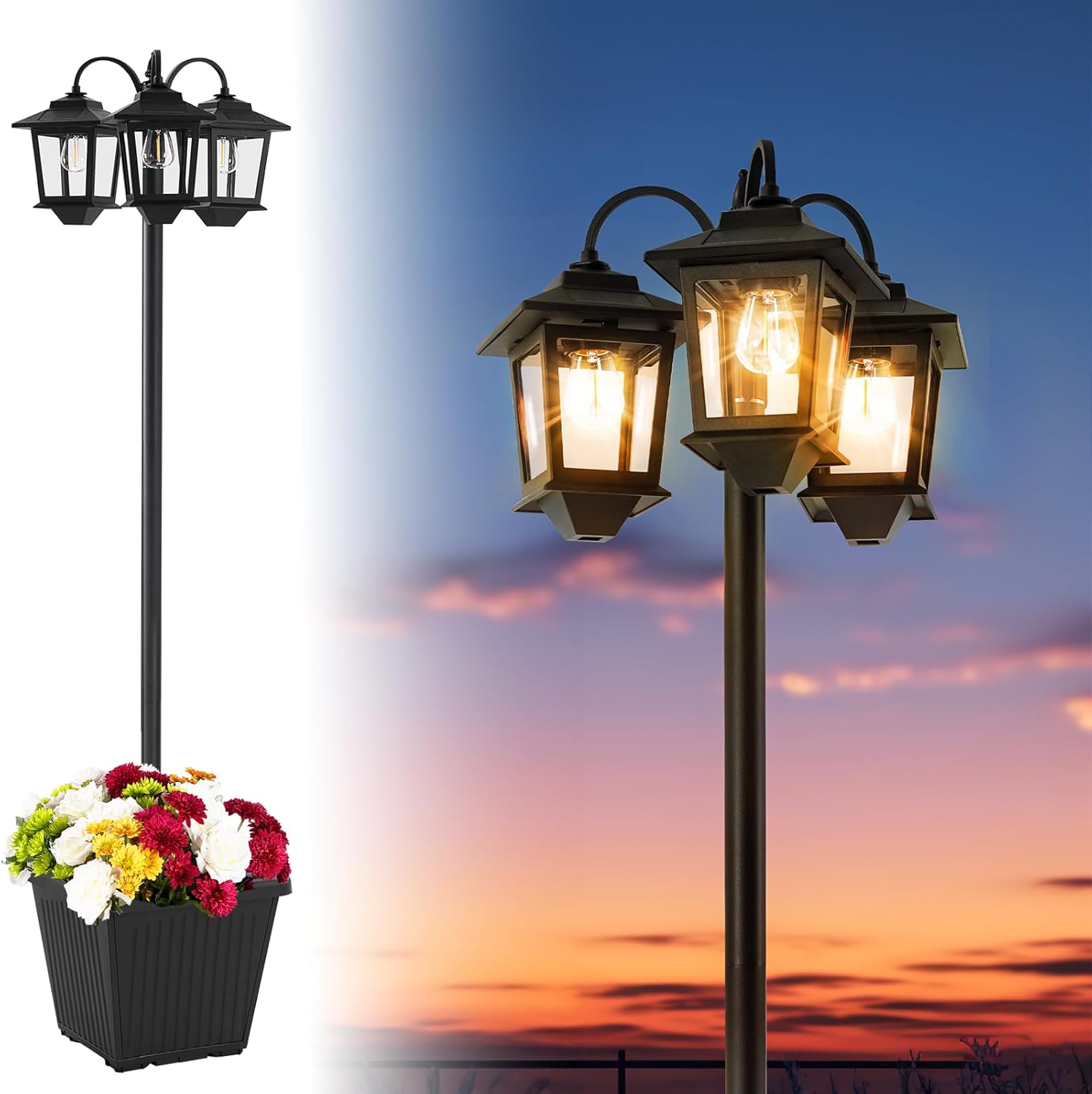 PASAMIC 75' Solar Lamp Post Light with Planter, Outdoor Waterproof ...