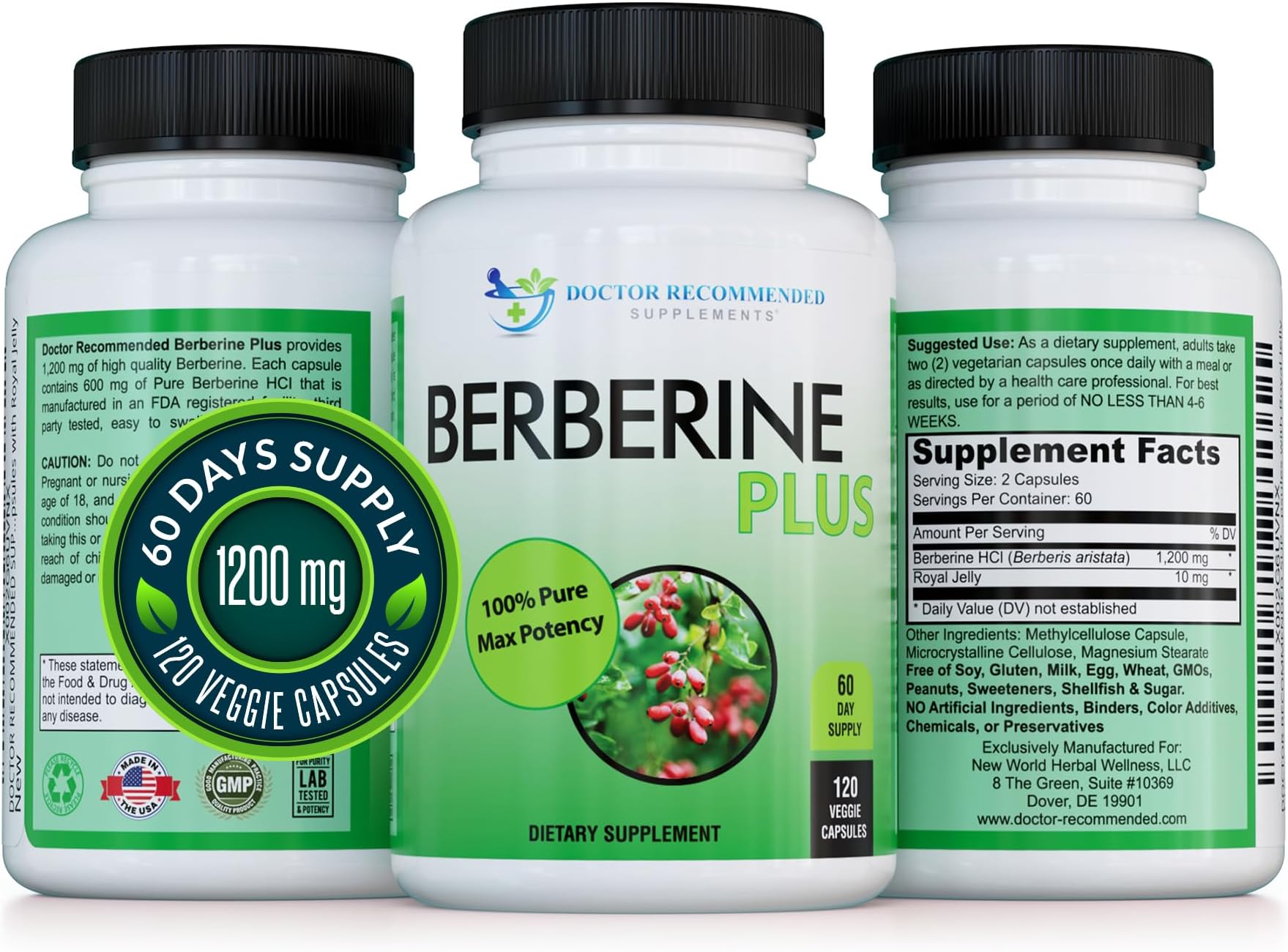 Amazon.com: DOCTOR RECOMMENDED SUPPLEMENTS Berberine Plus 1200mg Per Serving - 120 Veggie ...