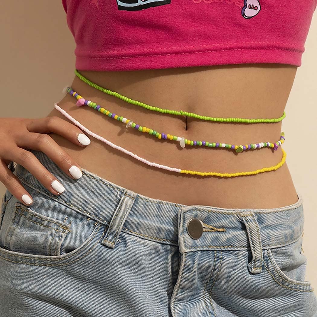 Women Beads Waist Chain Belly Beaded Body Chains Elastic Layered Waist ...