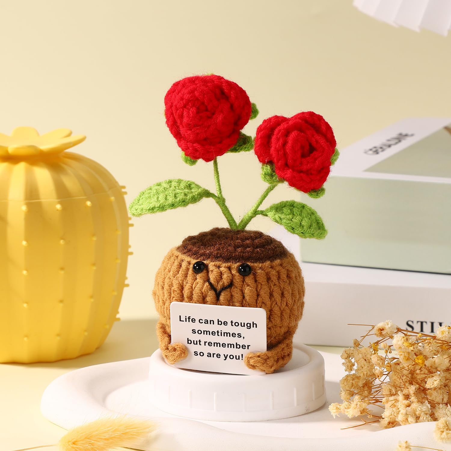 Crochet Flower Positive Rose Pot - With Encouragement Card Emotional ...