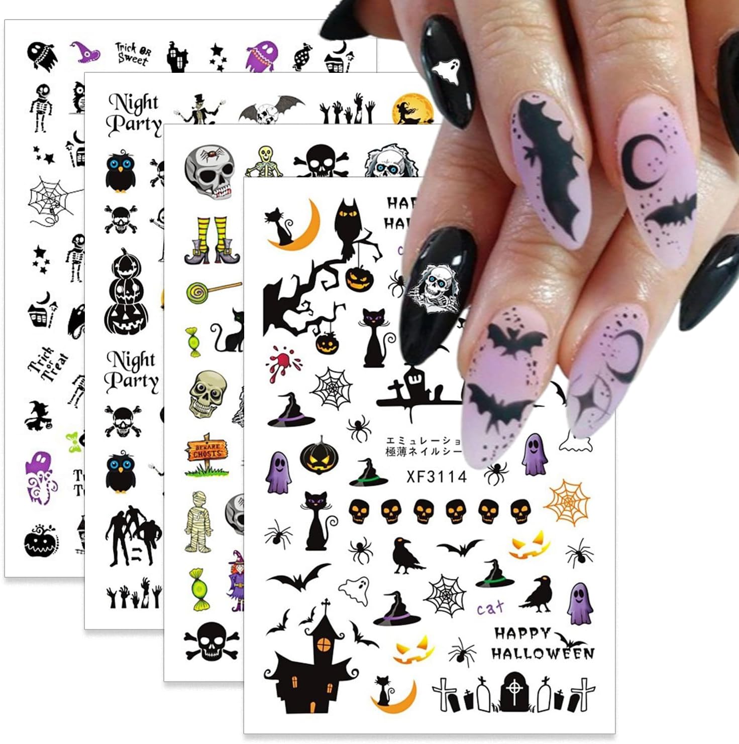 Amazon.com: 4 Sheets Halloween Nail Art Stickers Decals Skull Ghost Cat ...