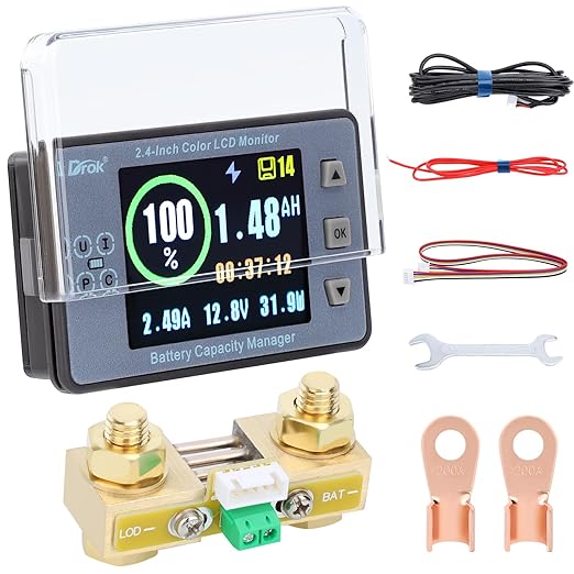 DROK Charge Discharge Monitor, DC 8-100V 200A Battery Monitor 12V 24V ...