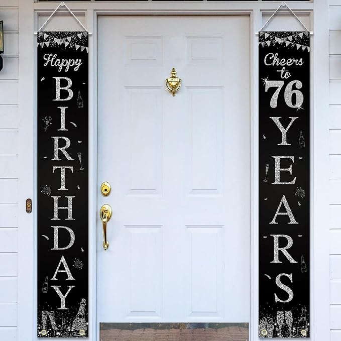 Amazon.com: Happy 76th Birthday Door Banner Porch Sign Silver Black ...