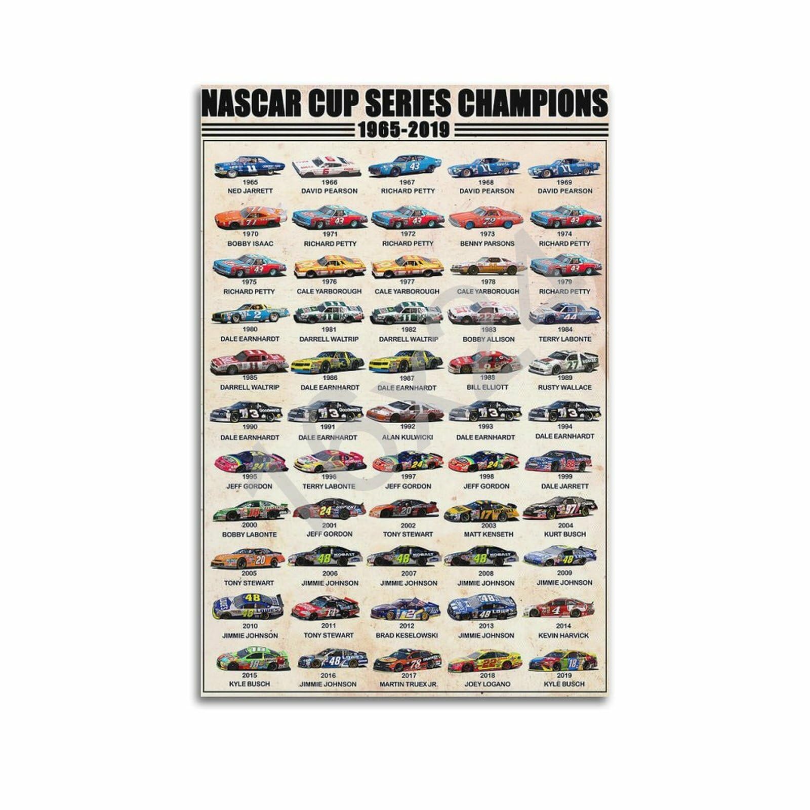 Nascar Cup Series Champions Car Racing Poster 1965-2019, Nascar Gift ...