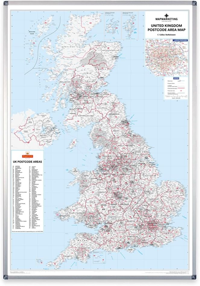 UK Postcode Wall Map - Large Laminated Wall Map With Aluminium Frame ...
