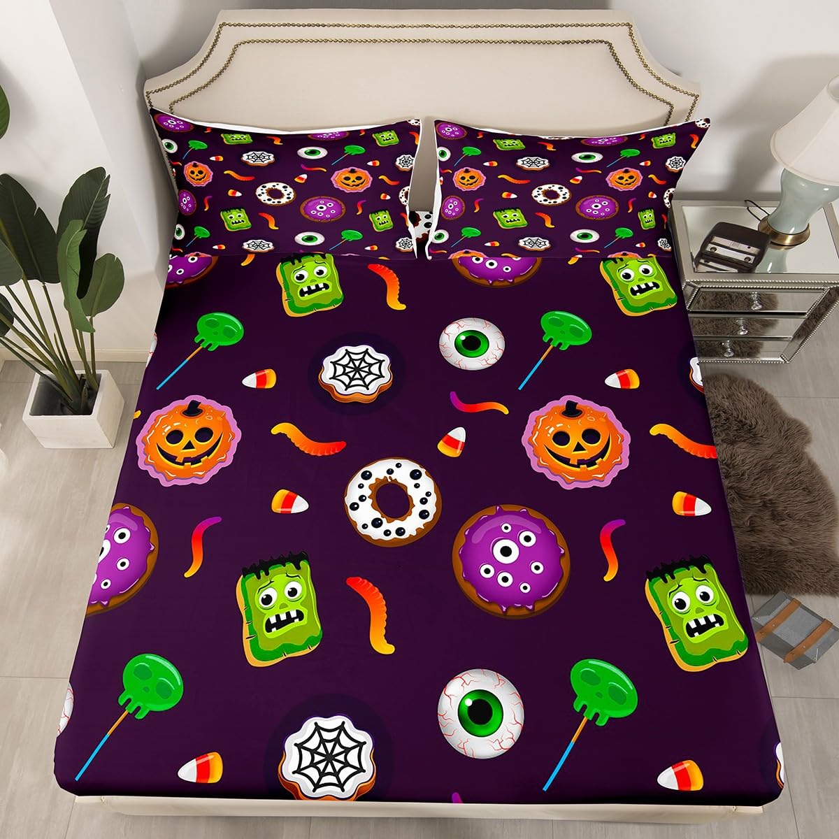 Pumpkin Lantern Fitted Sheet Gothic Bed Sheets Halloween Candy Doughnut ...