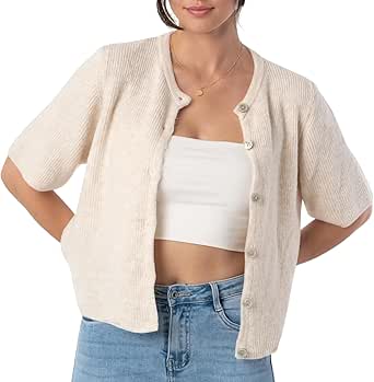 Amazon.com: Prilin Short Sleeve Knitted Cardigans for Women- 2024 Crew ...