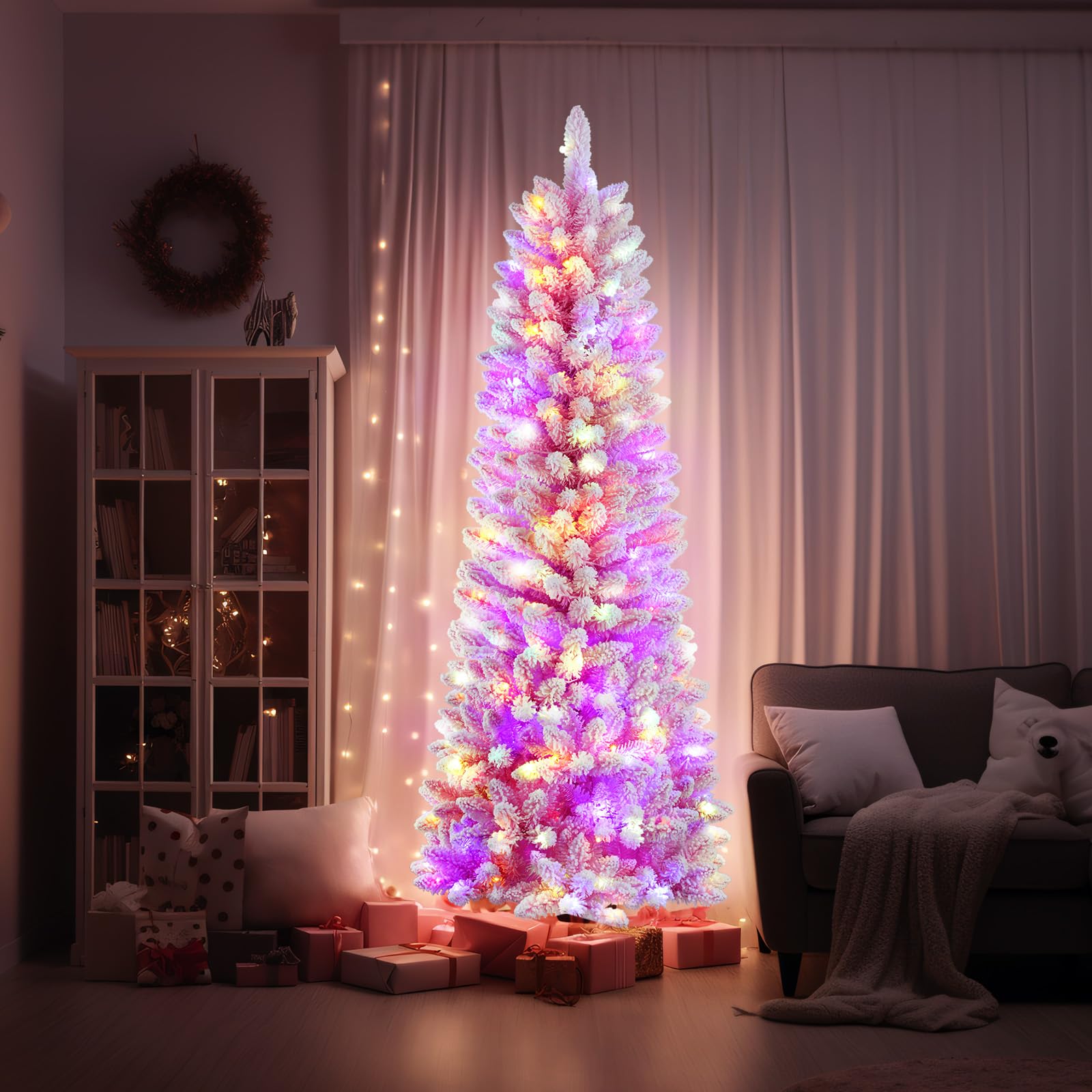 SHareconn 7.5ft Prelit Artificial Snow Flocked Pencil Christmas Tree ...