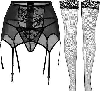 Amazon.com: ohyeahqueen Women Black Garter Belt and Lace Hosiery Thigh ...
