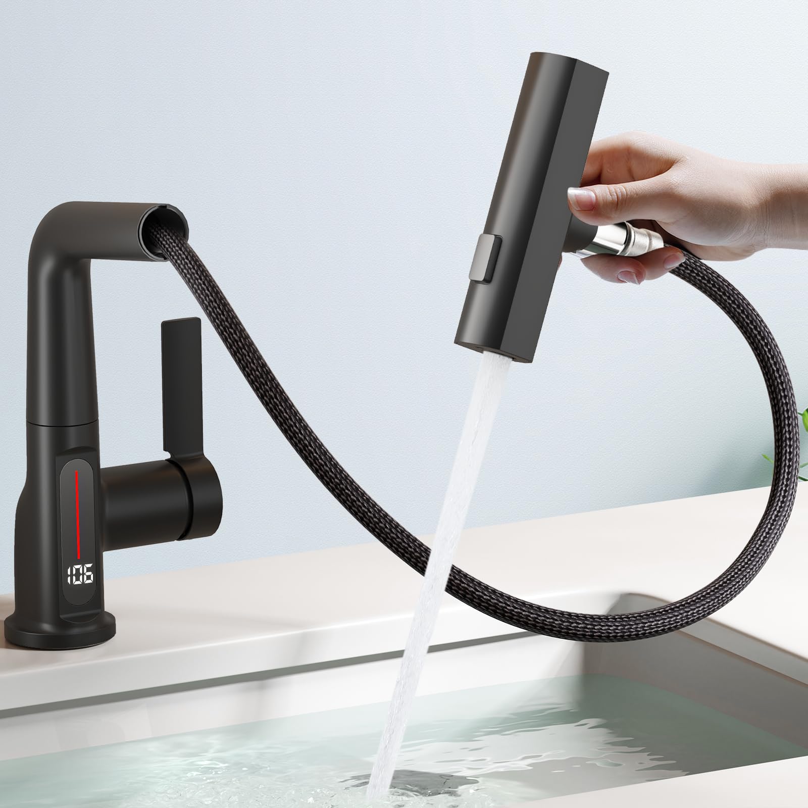 HOWUWEY Pull Out Bathroom Faucet 1 Hole with Temp Display, Single Hole ...