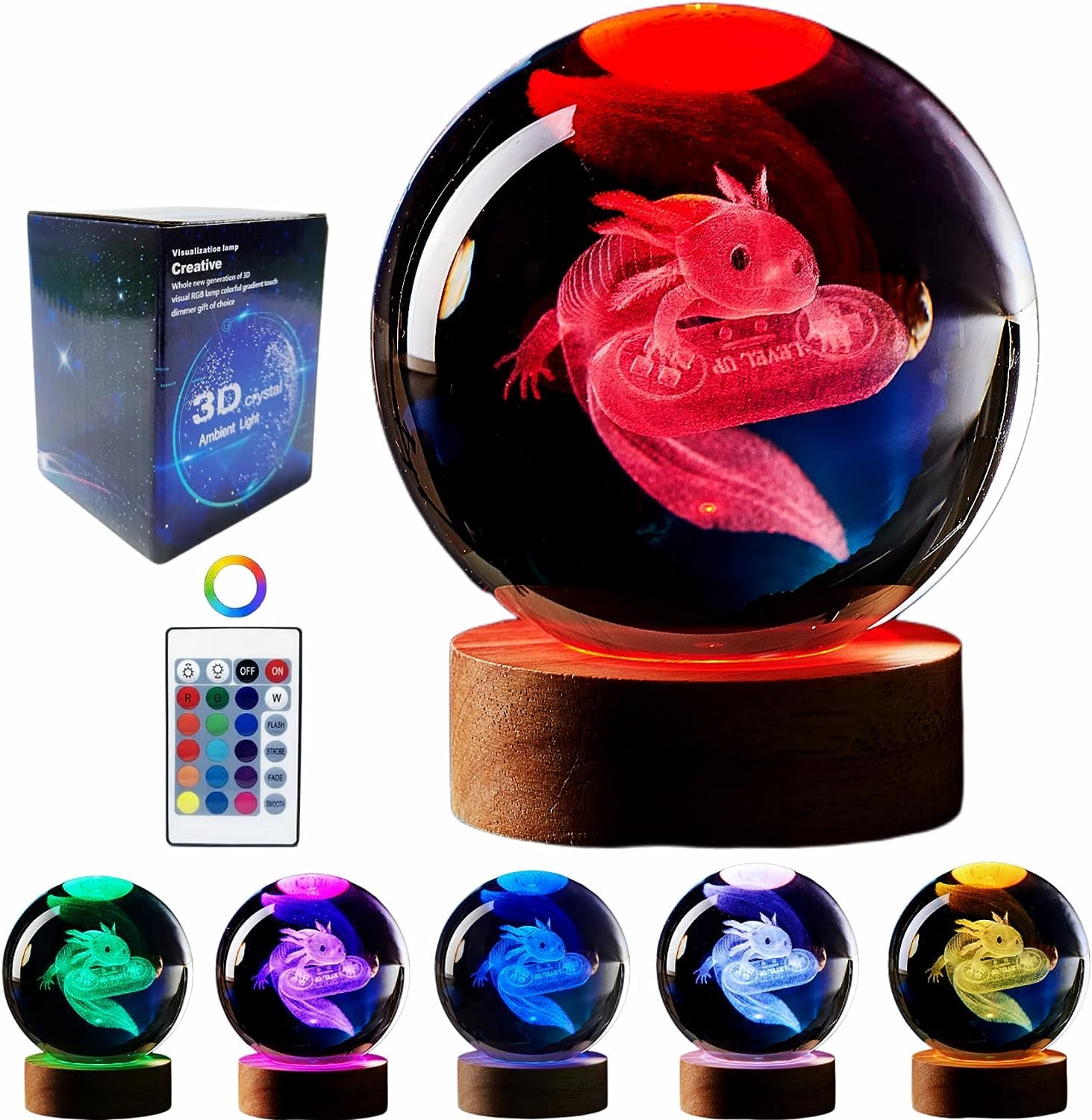 Kocasall Axolotl lamp,3.15 inch 3D K9 Crystal Ball Axolotl Night Light ...