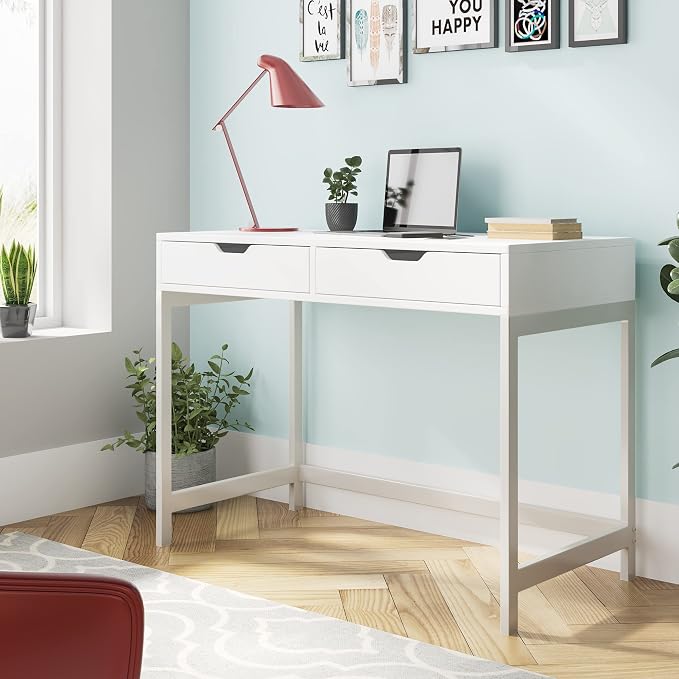 HOOSENG Computer Desk, Dressing Table with 2 Drawers 100cm Work Table ...