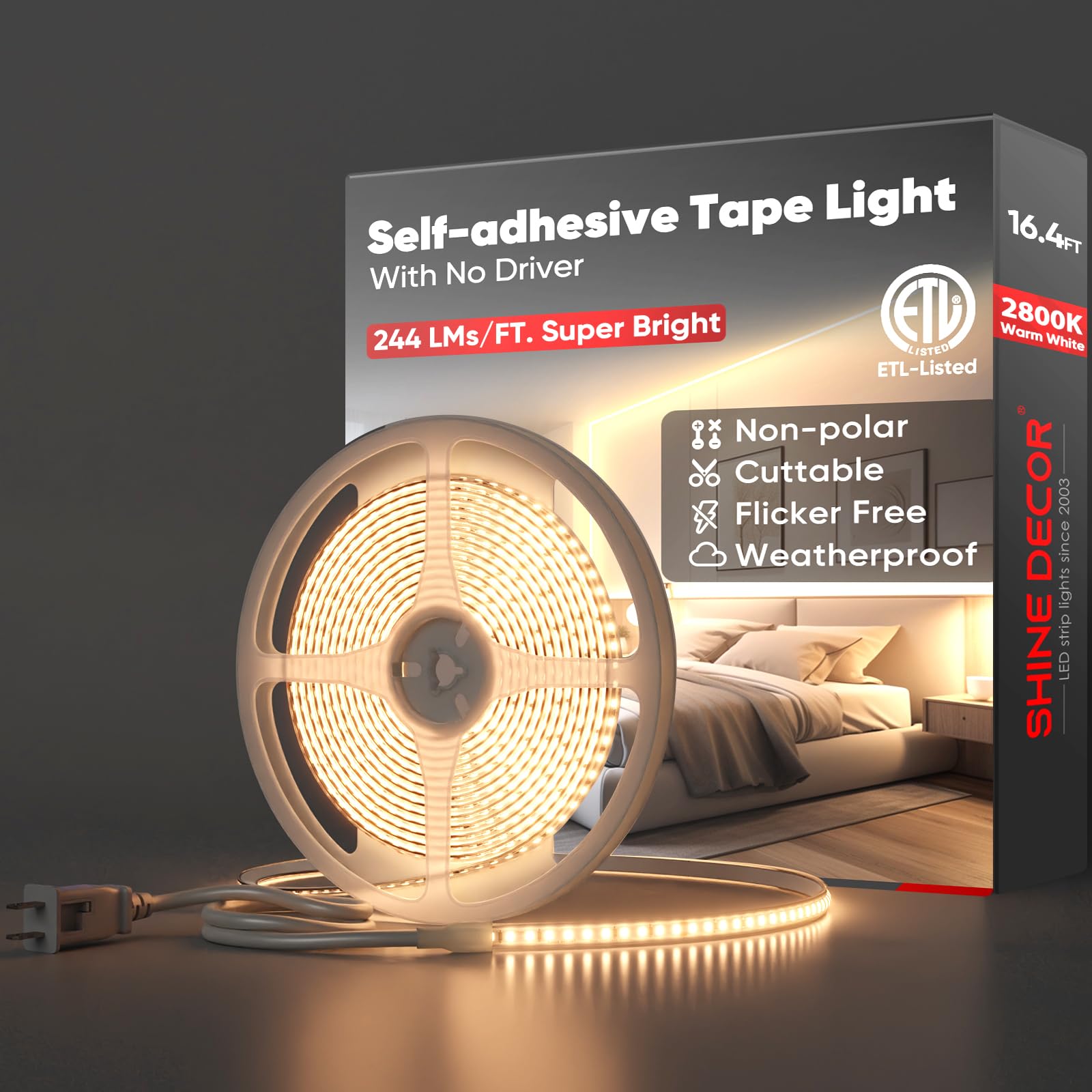 Shine Decor Driverless LED Tape Light, IP65 Waterproof Outdoor Non ...