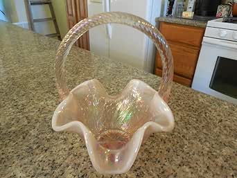 Stunning Fenton Pink Iridescent Basket Paneled Flower/ Peacock Feather ...