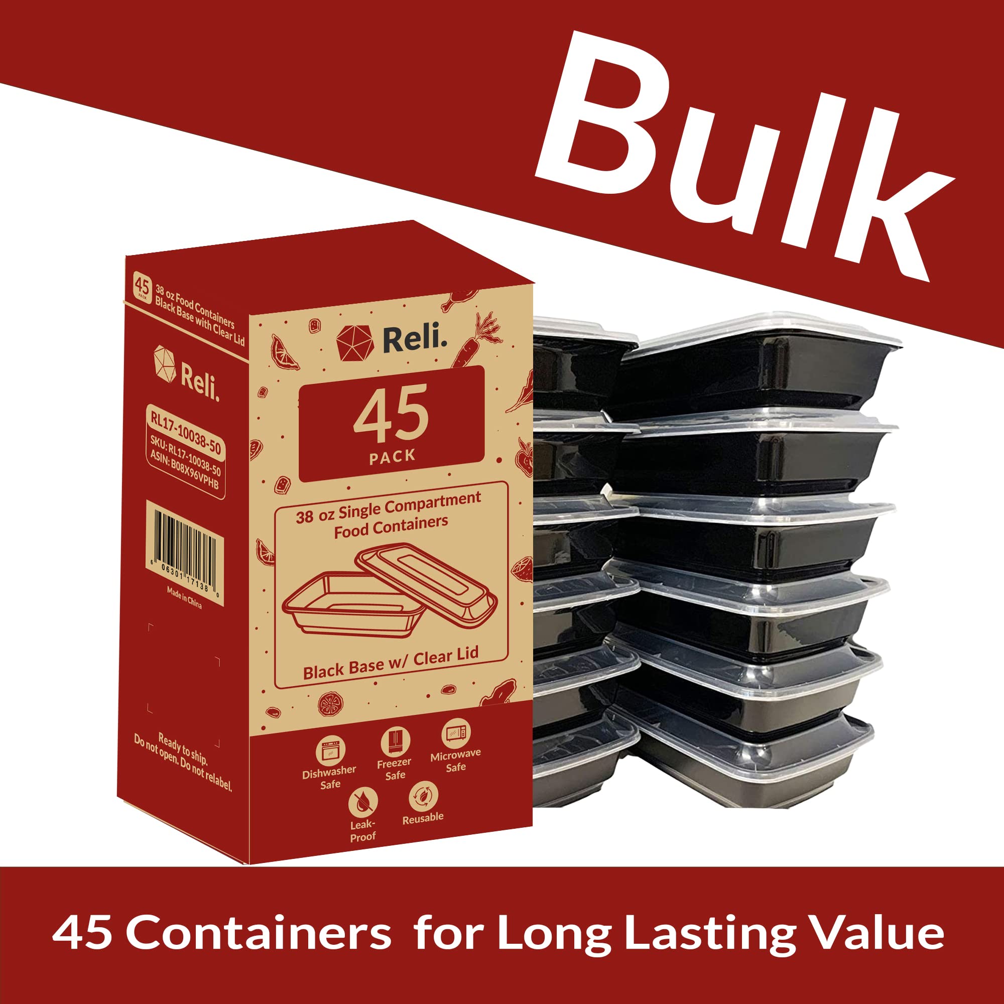 Reli. Meal Prep Containers, 38 oz. | 45 Pack | Large 1 Compartment Food ...