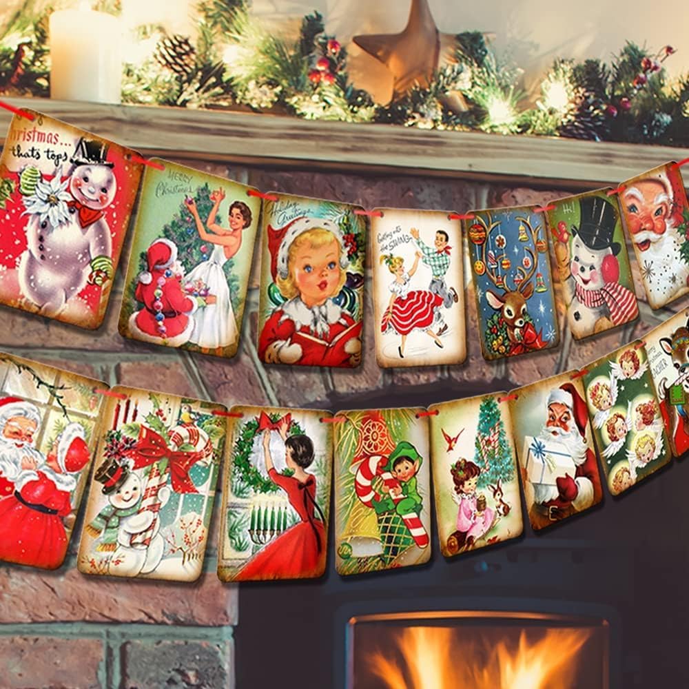 UCLEVER 15pcs Christmas Vintage Banner Bunting Decorations - Merry ...