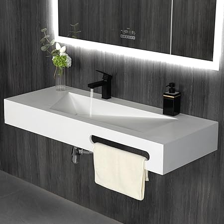 GESIPOR 48"x19" Wall-Mount Stone Resin Bathroom Sink Rectangular Solid ...