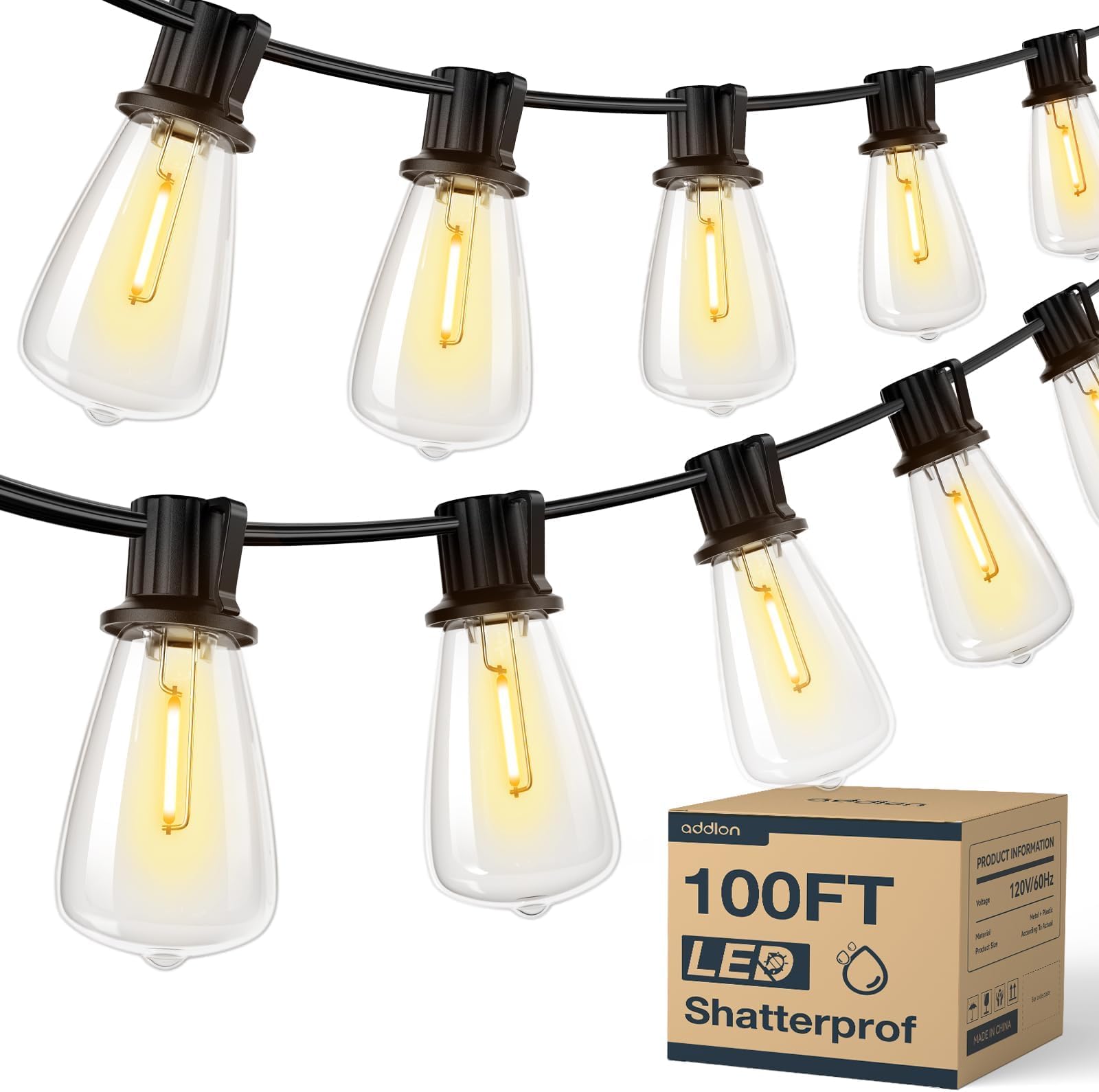 addlon 50FT LED Outdoor String Lights with Edison Shatterproof Bulbs ...