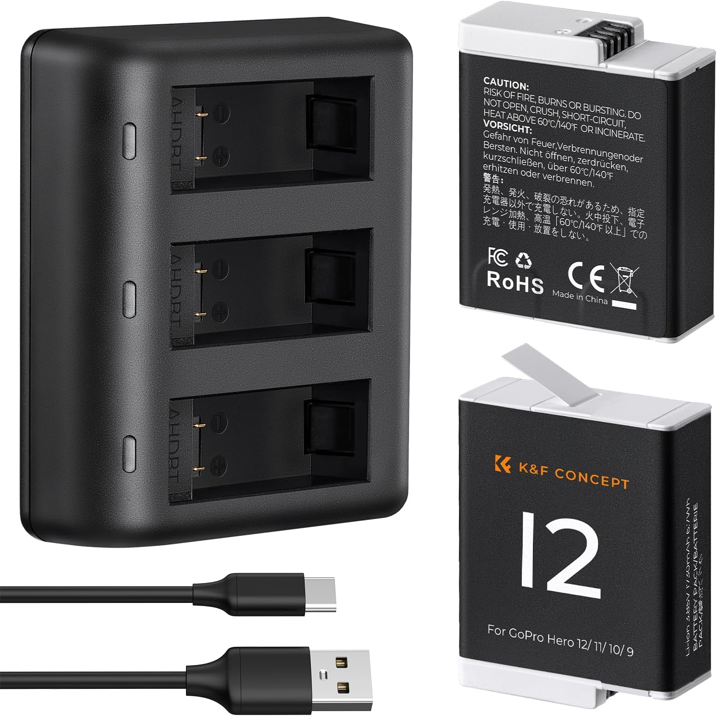 K&F Concept Gopro Hero 12 Battery 2-Pack Enduro Battery and 3-Channel ...