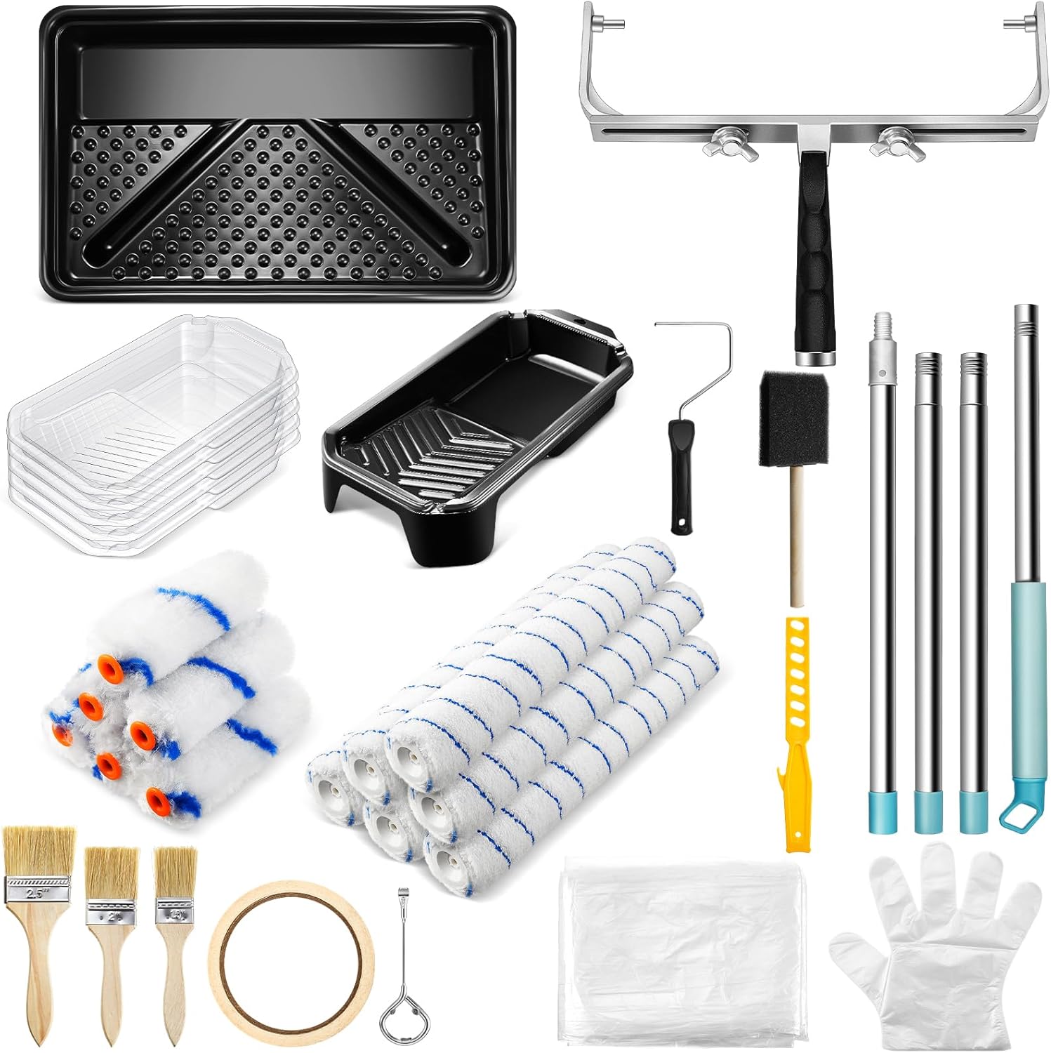 WILLBOND 35 Pcs Large Paint Roller Kit 1-5 ft Steel Extension Pole 6 ...