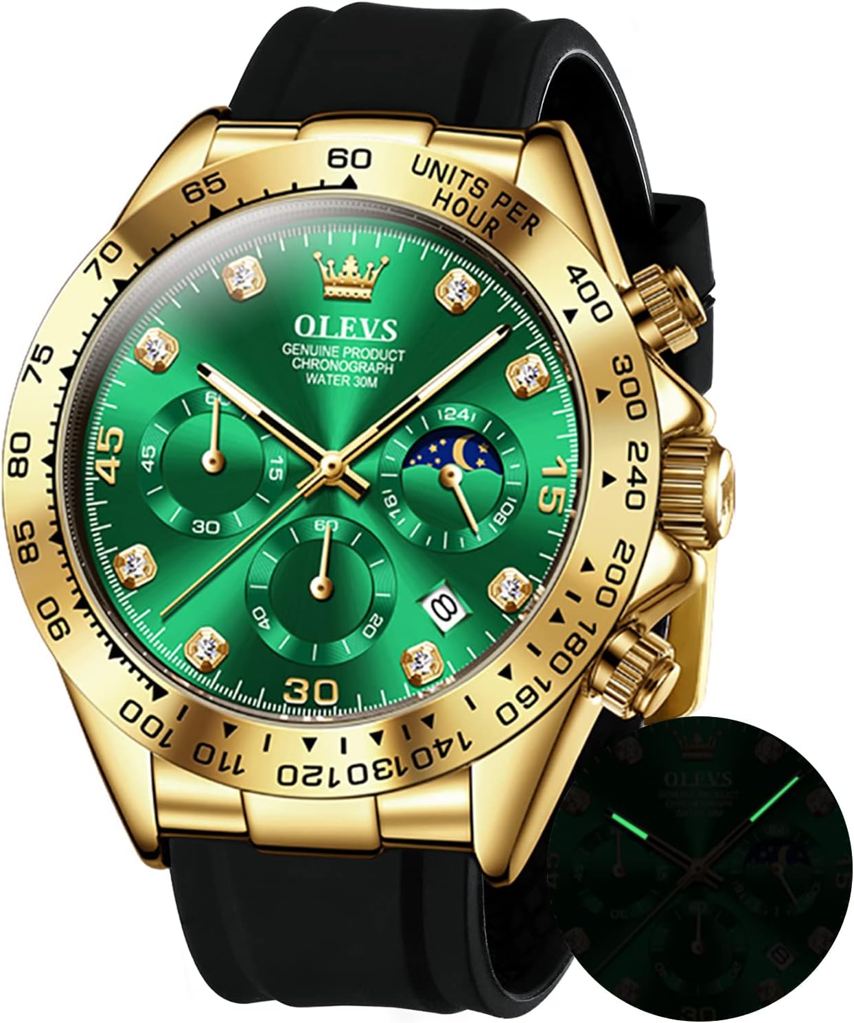Amazon.com: OLEVS Watches for Men Green Gold Luxury Analog Chronograph ...