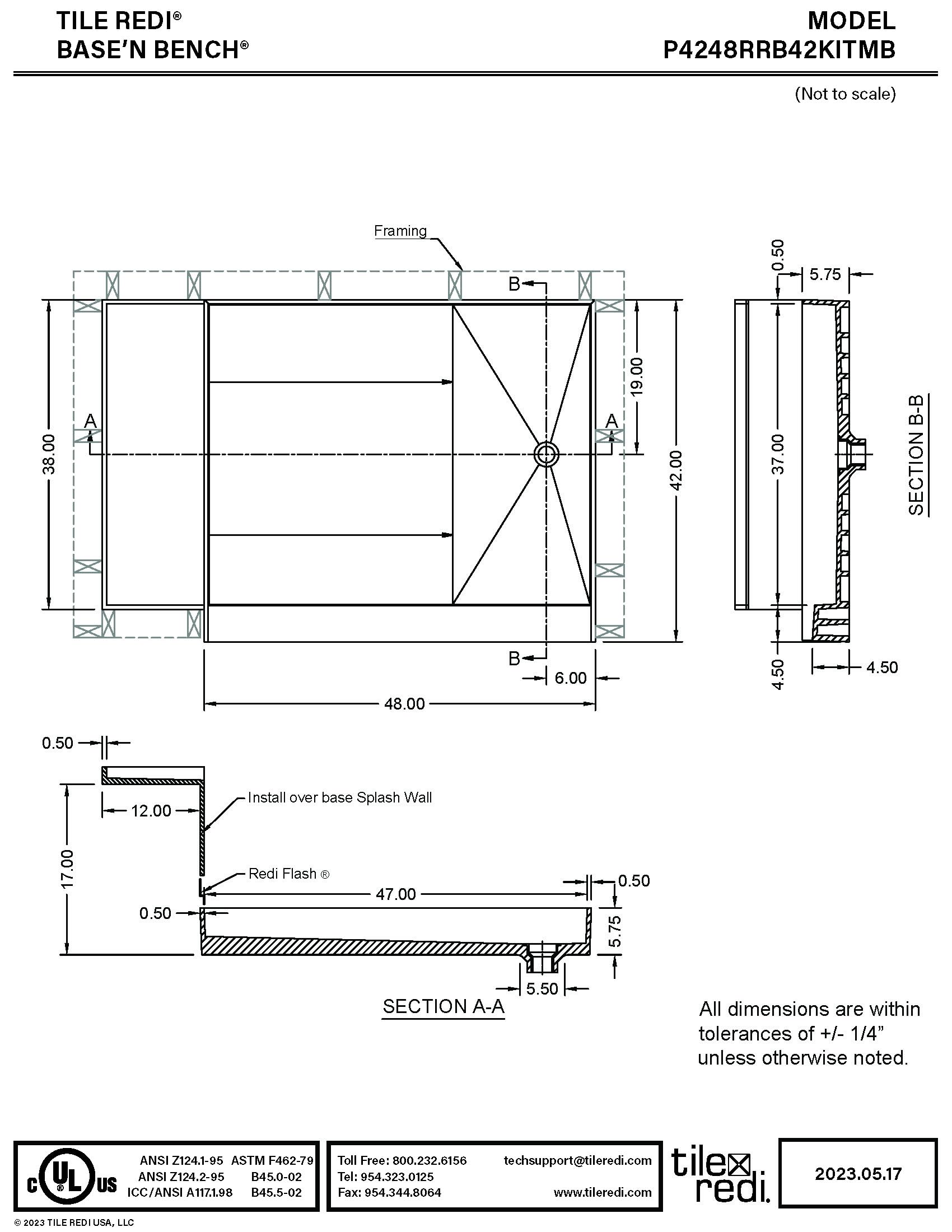 Tile Redi RT4248R TBN RB42 KIT Shower Pan And Bench With Right Drain ...