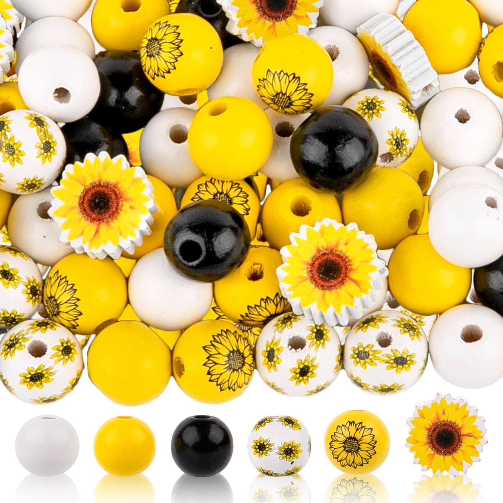 Amazon.com: 140Pcs Sunflower Wood Beads Set 16mm White Yellow Black ...