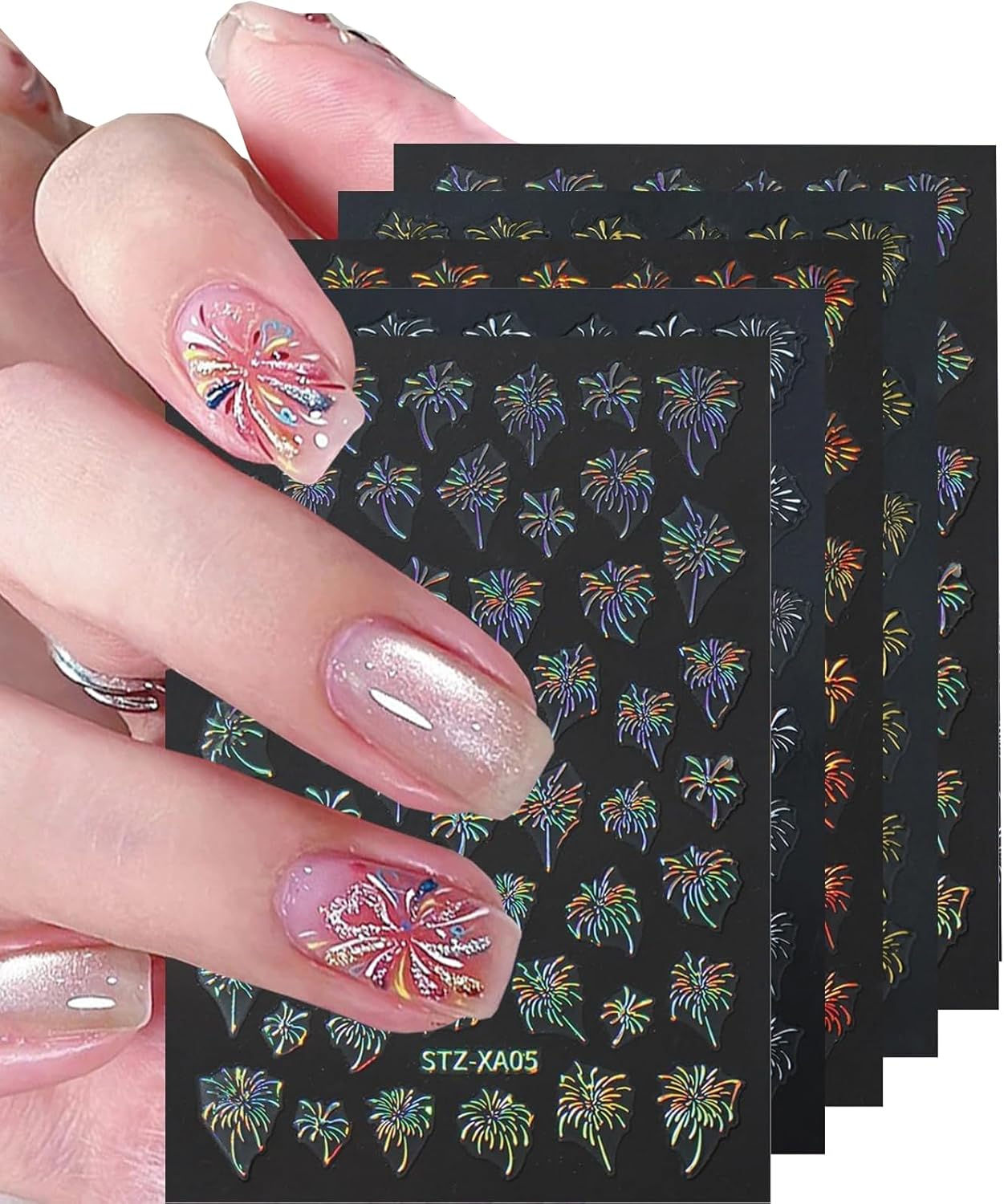 Moguri 4 Sheets Firework Nail Stickers, Silver Gold Star Moon Nail Art ...