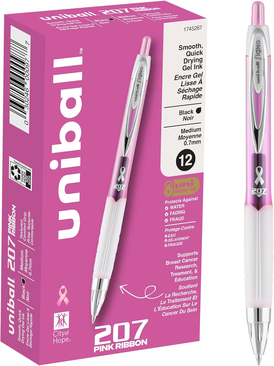 Uniball Signo 207 Pink Ribbon Gel Pen 12 Pack, 0.7mm Medium Black Ink ...